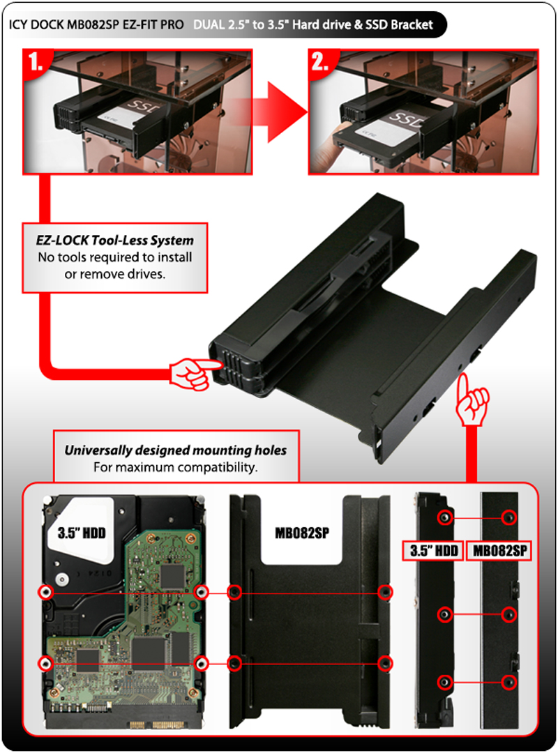 Dual 2.5" HDD & SSD Full Metal Mounting Bracket for Internal 3.5" Drive Bay